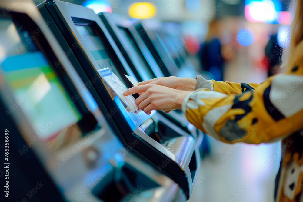 Hands of woman using self check-in machine at the airport terminal ...