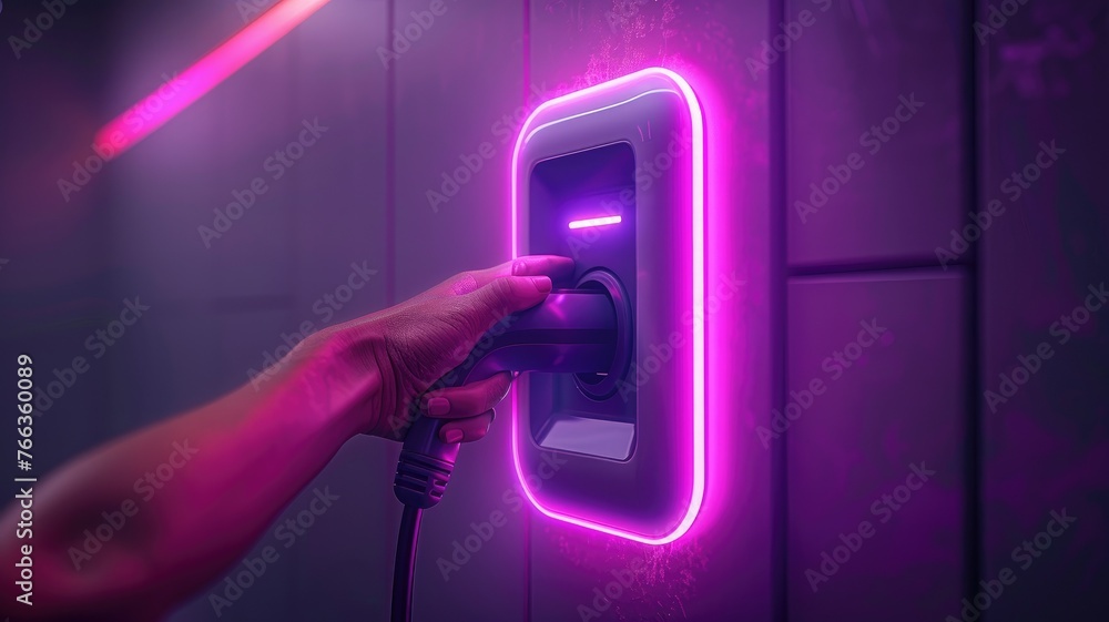 Hand connecting charger to electric car port - A hand is seen inserting ...