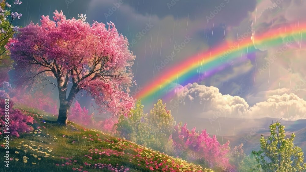Blossoming tree under rainbow in spring landscape - Image features a ...