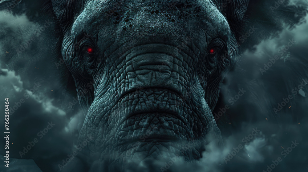 Intense elephant face with red eyes in the fog - A highly detailed ...