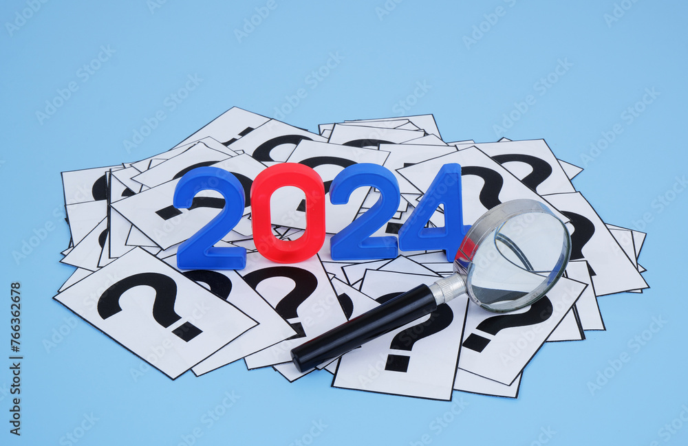 Question marks, magnifying glass and numbers 2024 on blue background ...