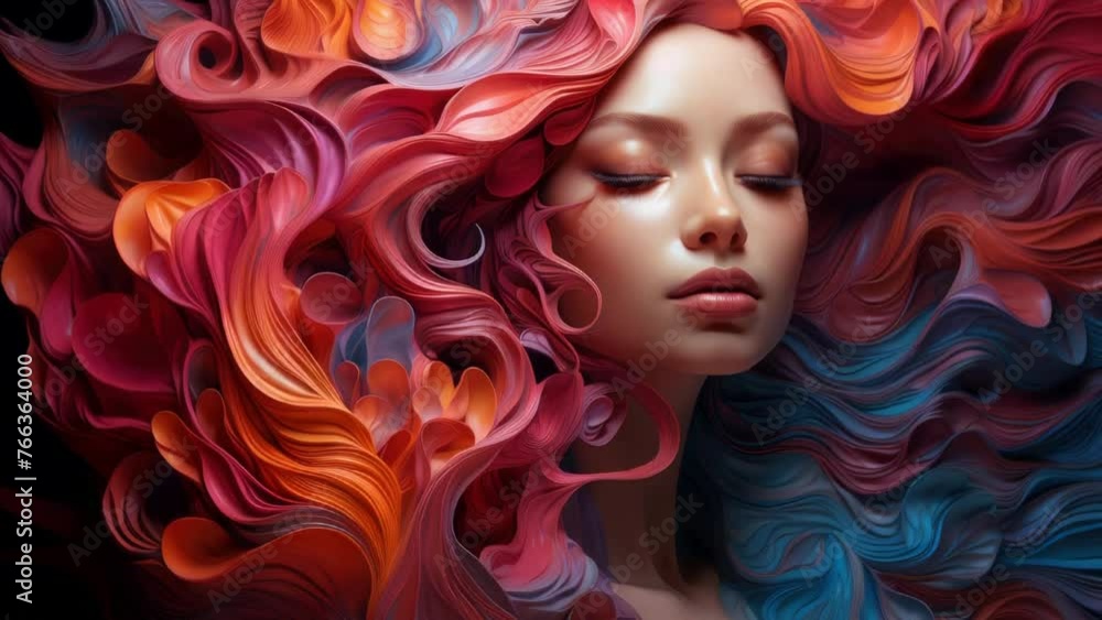 A woman with long, colorful hair is the main focus. The hair is styled ...