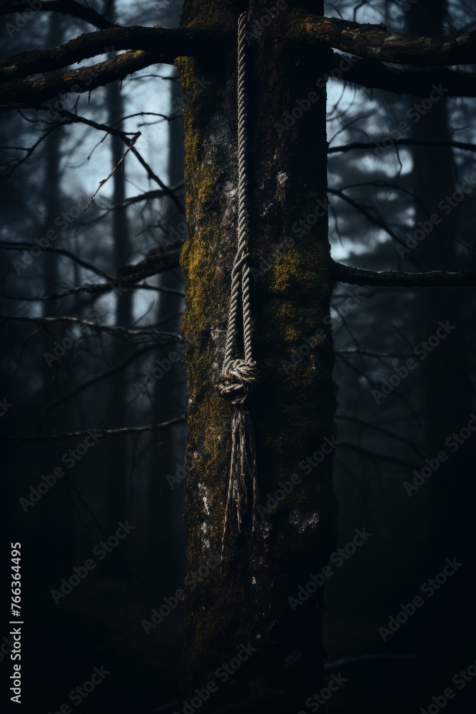 A noose made of rope hanging from a tree branch in a secluded forest ...