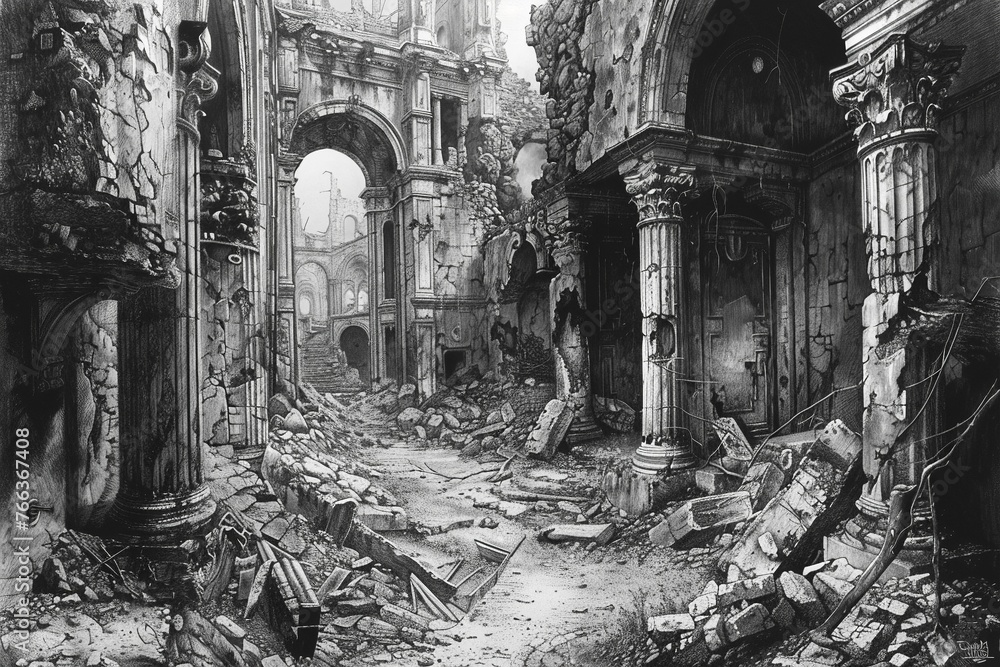 Abandoned city under Zenith, magic seeping through the ruins, presented ...