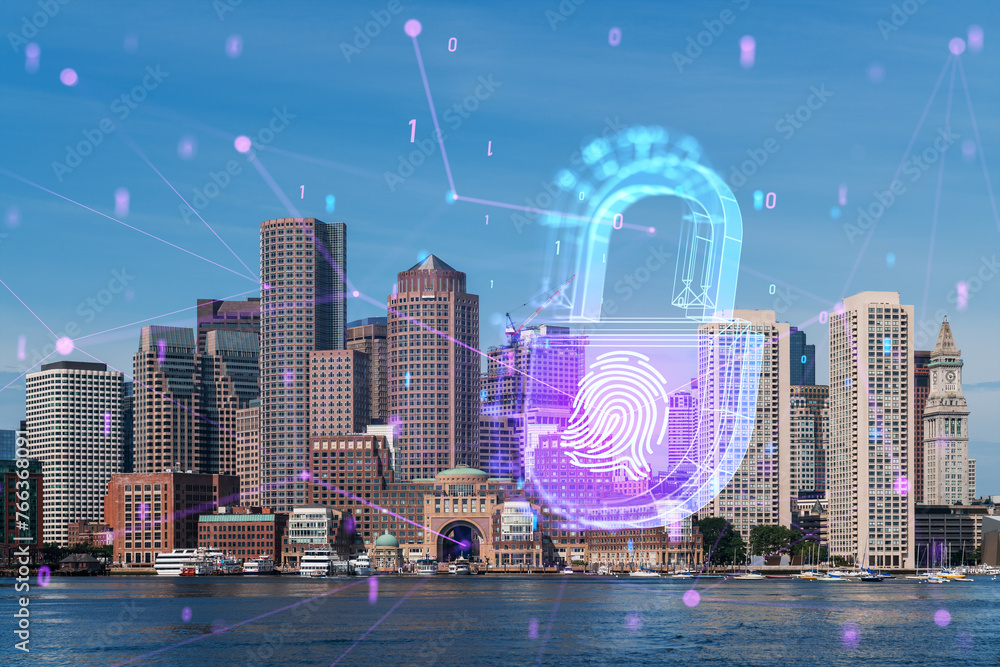 Boston skyline with a holographic fingerprint overlay, photomontage on ...