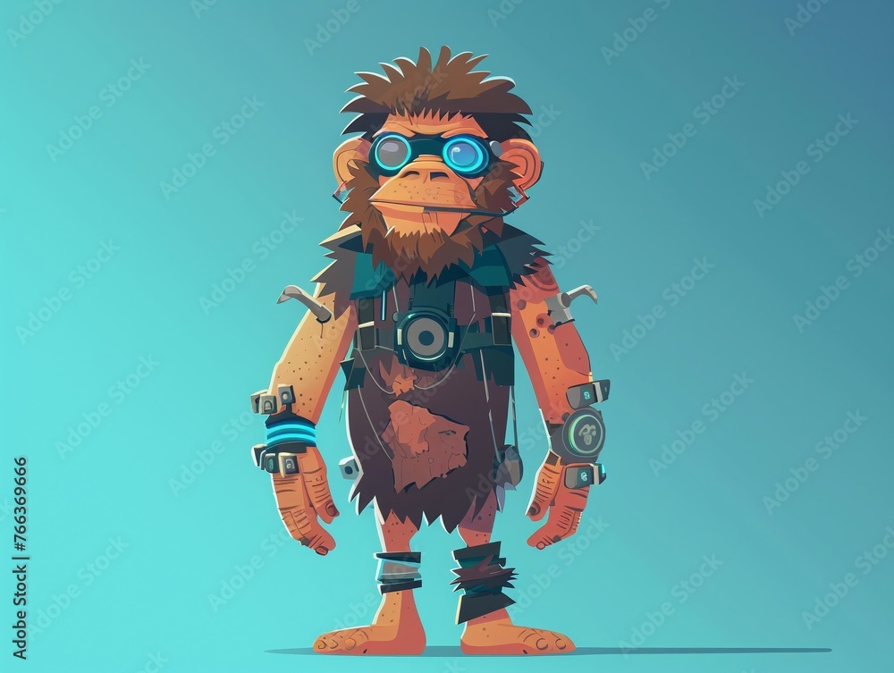 Light blue background highlighting a cute cartoon caveman, his ...