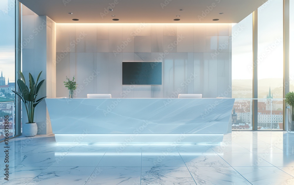 Modern office lobby space featuring a clean white reception desk and TV ...
