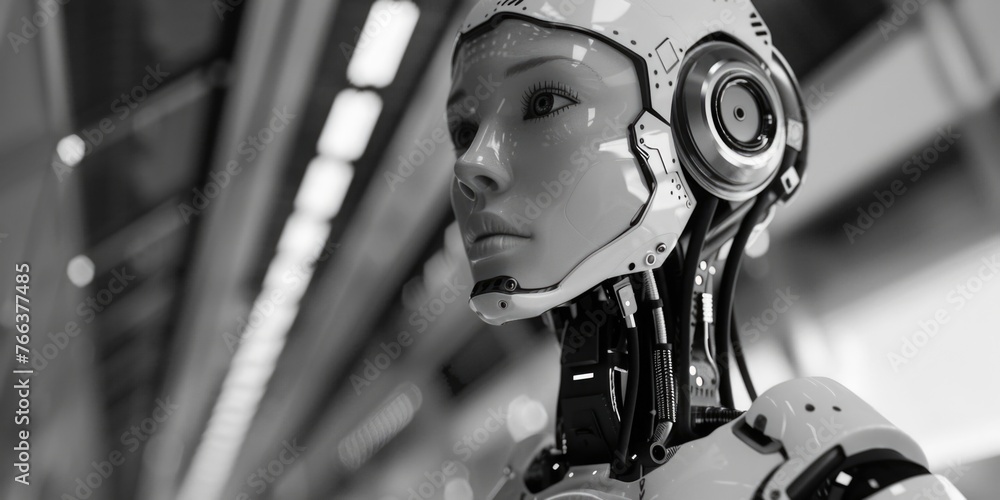 A robot with a white helmet stands in a dark room. The robot is wearing ...