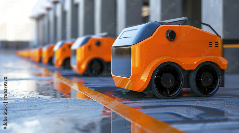 A row of orange robots are lined up on a wet road. The robots are small ...