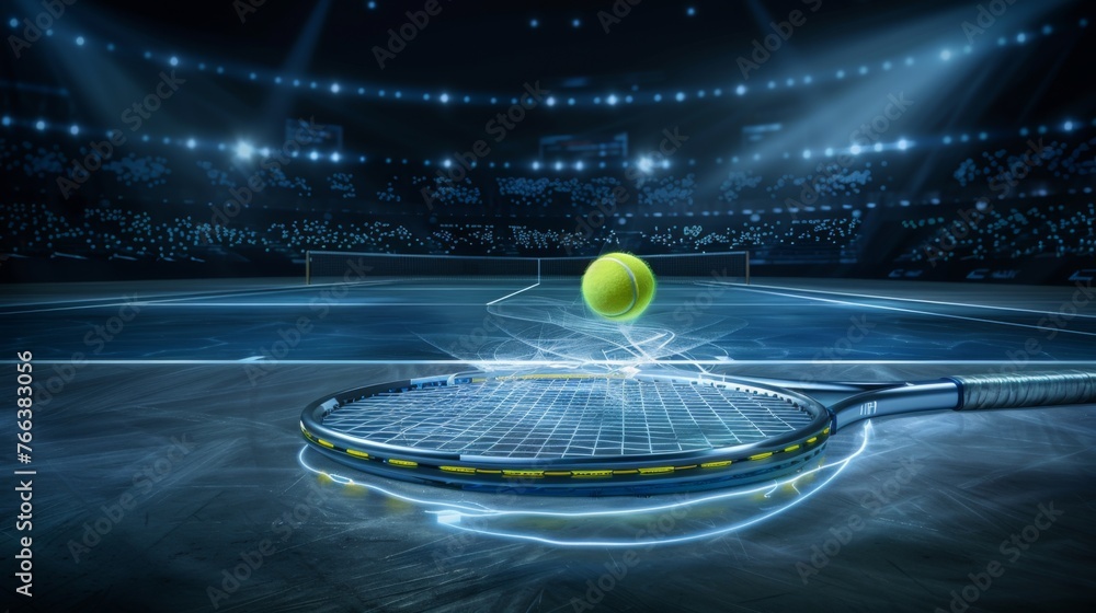 Create a futuristic digital illustration showcasing a high-tech tennis ...