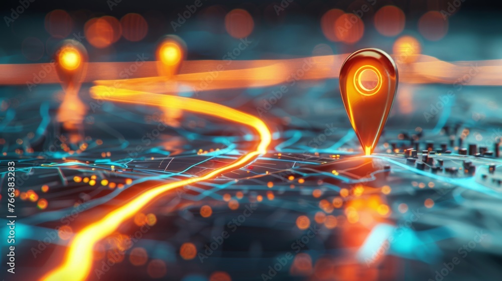 Digital illustration of hand set location on map with two pins. AI ...