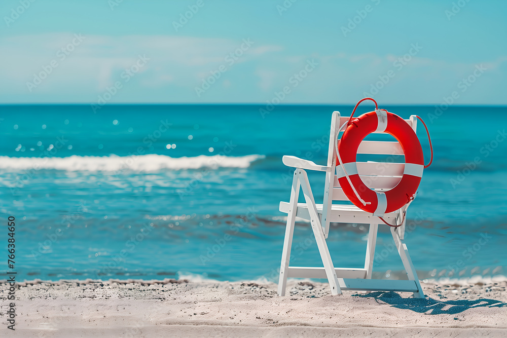 Lifeguard chair and life ring on the beach with sea background. Beach ...