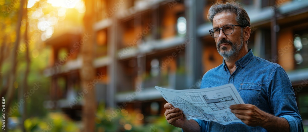 Engineer working outdoors inspecting and constructing a structure with ...