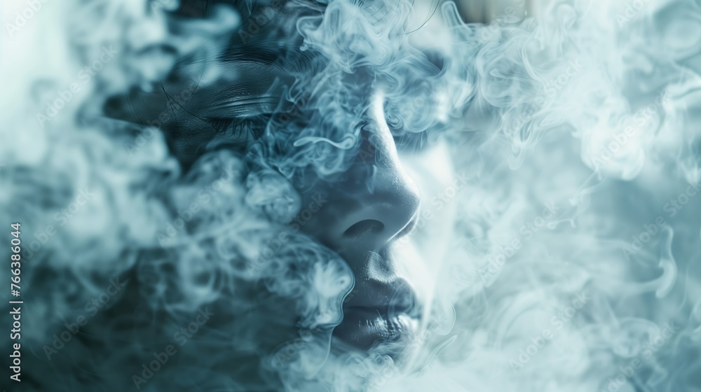 Surreal portrait of a person enshrouded in swirling smoke, evoking ...