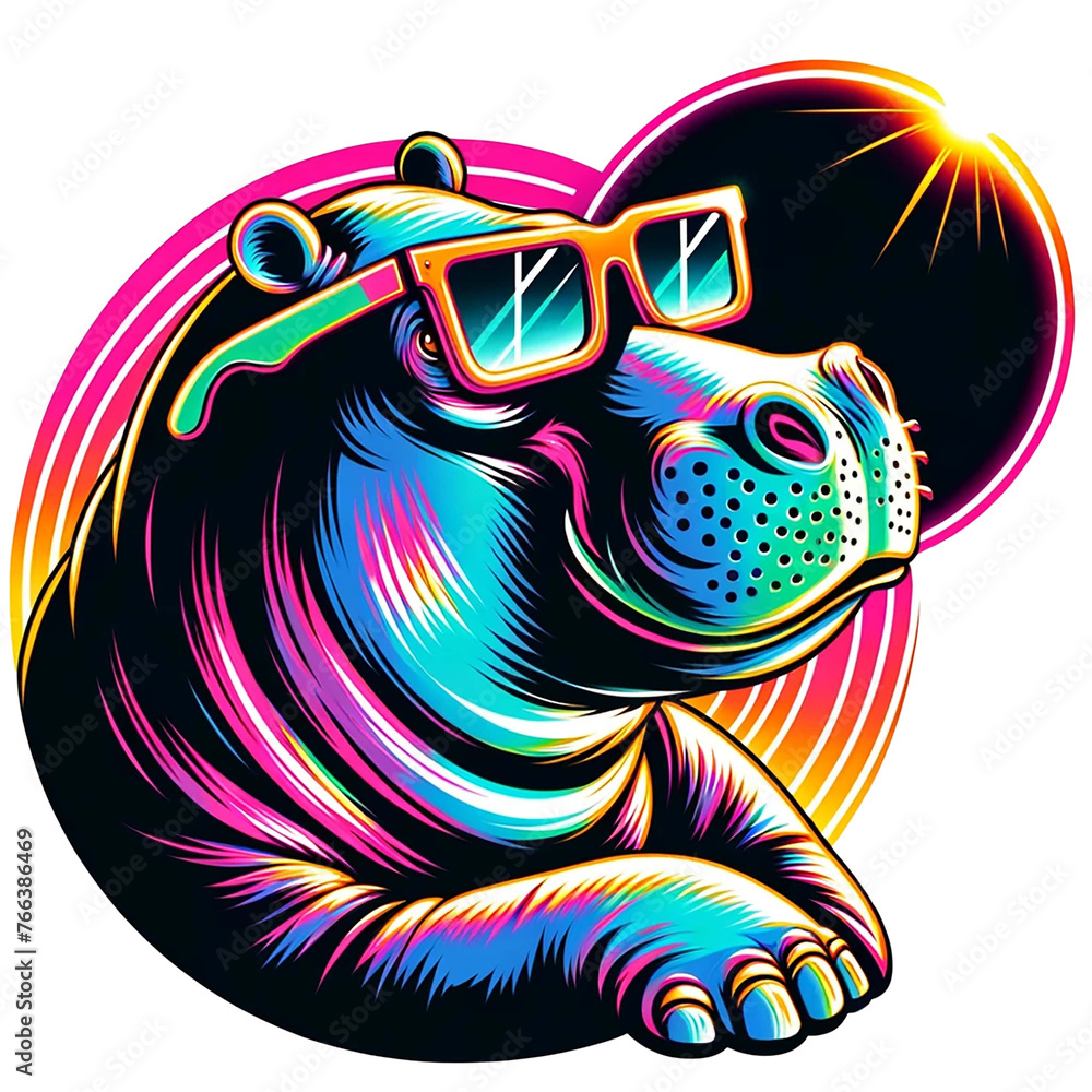 Hippo wear glasses and watch Solar Eclipse cartoon clipart. AI generate ...