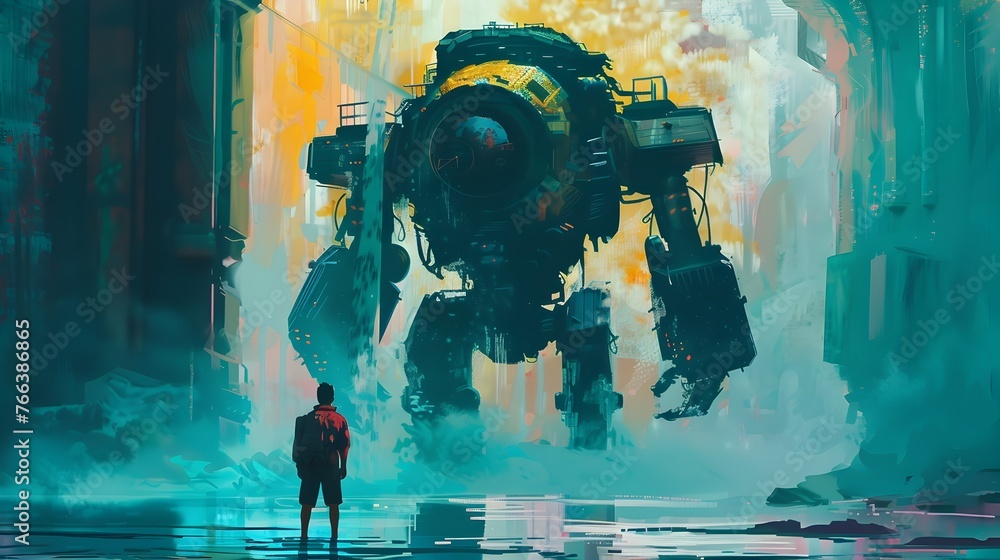 Colossal Futuristic Mech Looming Over Devastated Cyberpunk Cityscape in ...