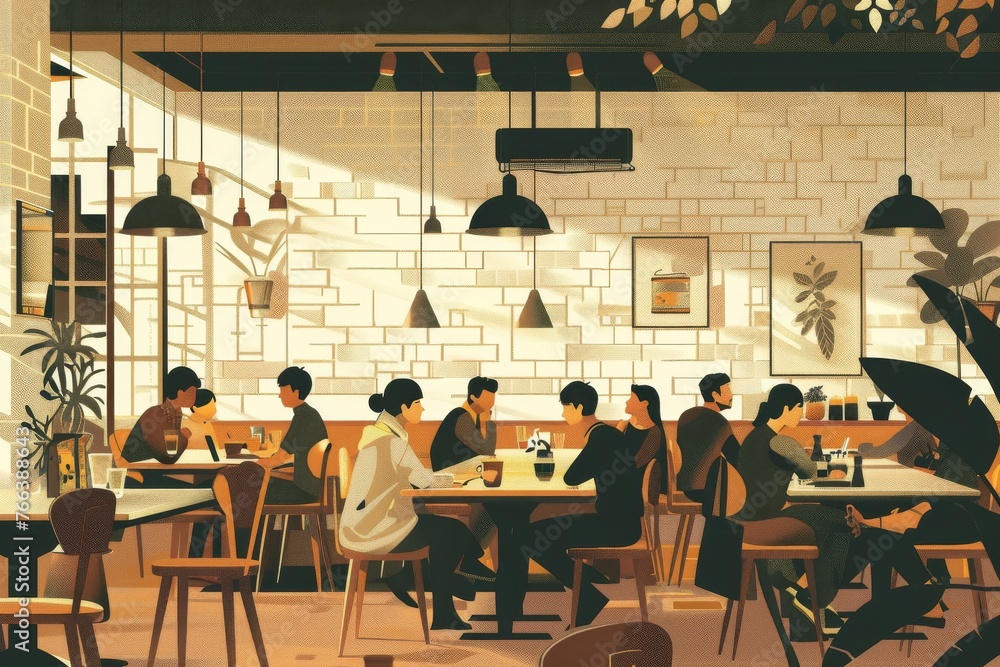 Minimalistic vector art: crowded restaurant with white brick walls ...