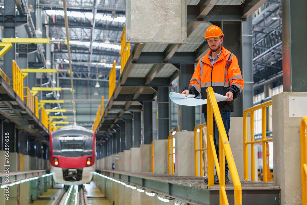 Electrical engineer railway in the maintenance station using blueprint ...