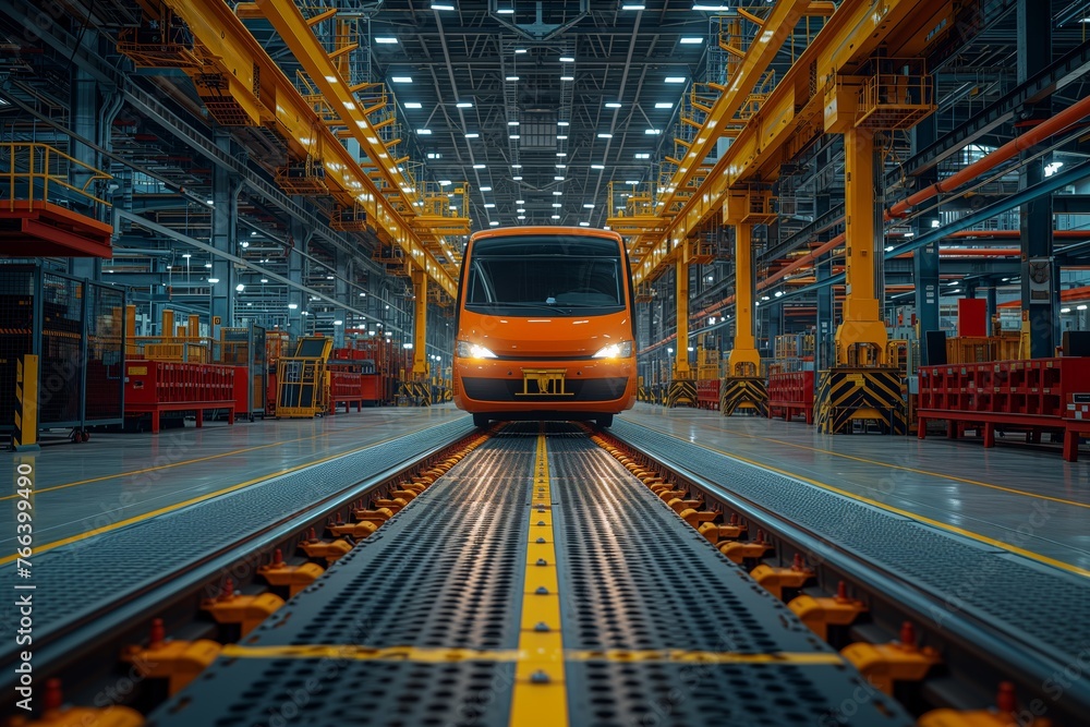 Frontal view of orange train in vehicle assembly factory, showcasing ...