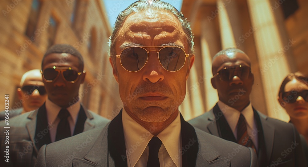 A group of Agents with matching suits and sunglasses face aggressively ...