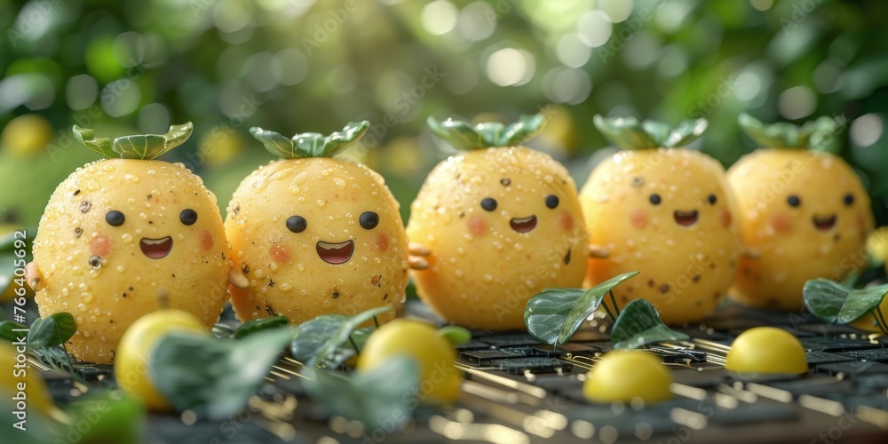 Imaginative 2D vector scene of anthropomorphic, exotic fruits ...