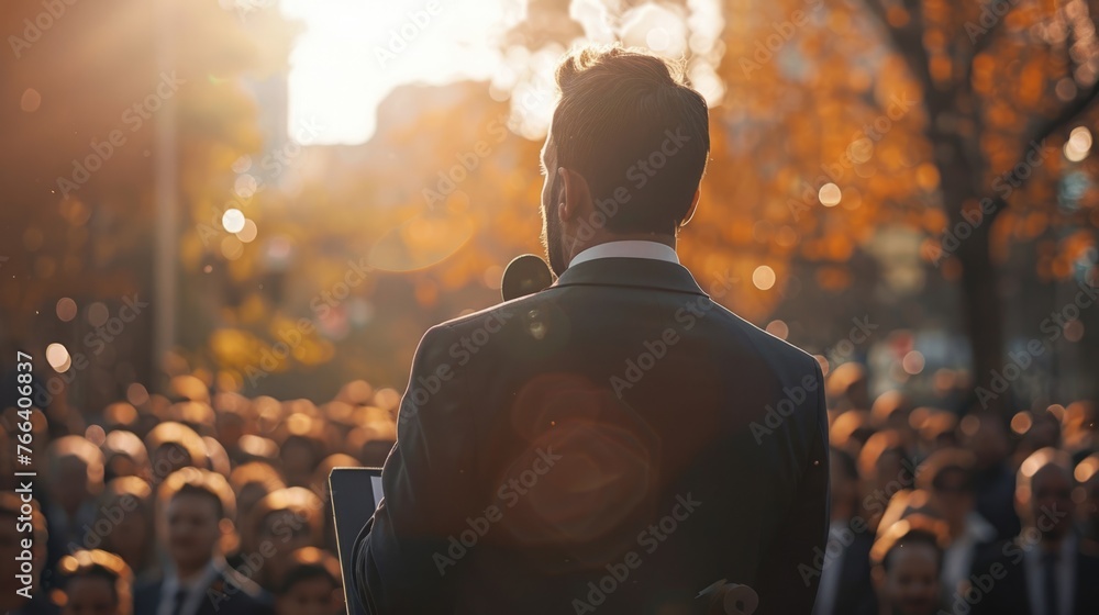 Political candidate speaks on stage in front of an audience on the ...