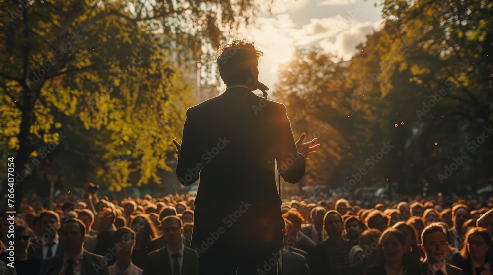 Political candidate speaks on stage in front of an audience on the ...