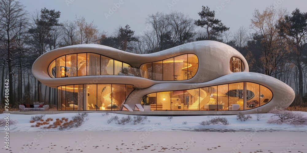 Ultramodern 3D render of a sleek, curvilinear building with a dynamic ...