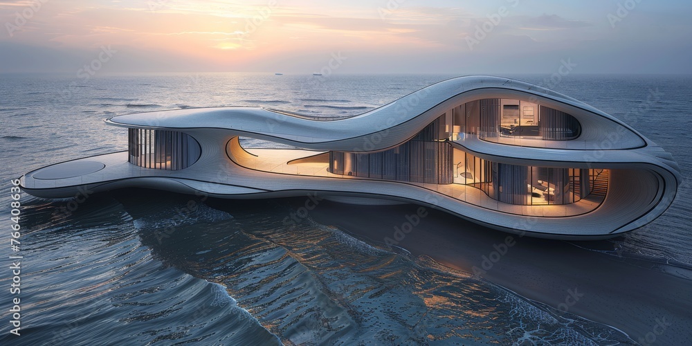 Ultramodern 3D render of a sleek, curvilinear building with a dynamic ...
