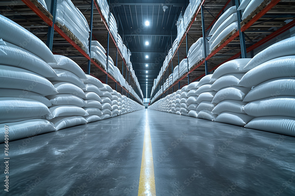 Large warehouse interior with rows of stacked goods. Industrial storage ...
