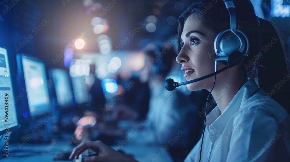 Customer service agents with headsets in a brightly lit call center ...