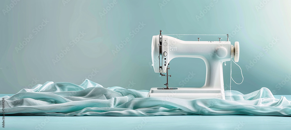 modern sewing machine, sewing fabric with thread used to make curtains ...