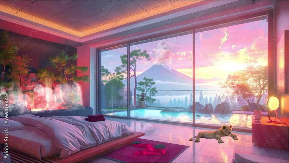 Surreal lo-fi bedroom overlooking a serene landscape with a volcanic ...