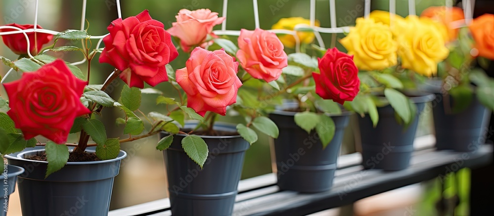 Multiple pots filled with blooming roses are suspended on a wire ...