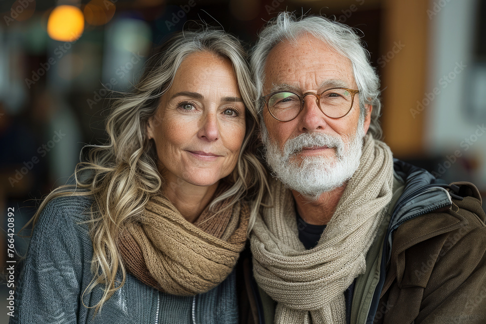 A man and a woman are smiling at the camera. The man is wearing a ...