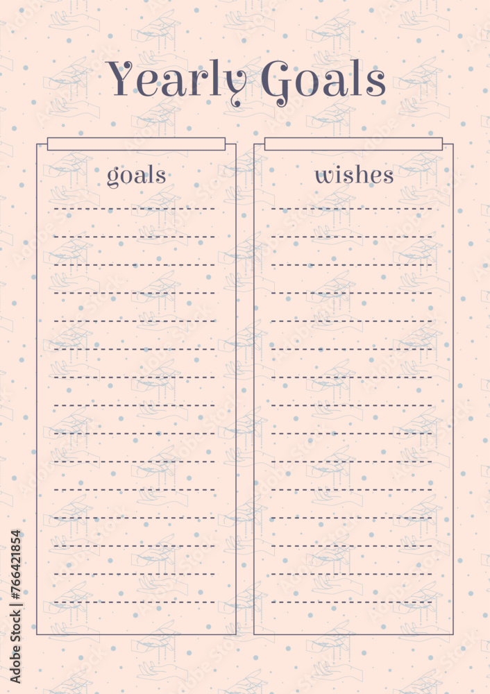 Yearly goals templates. Worksheet list with pink-blue background. Blank ...