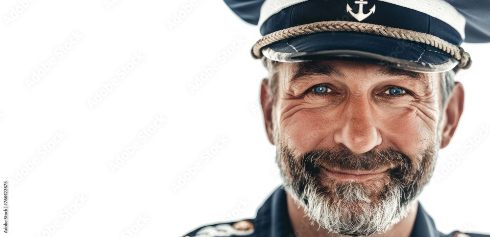 A man with a captain's hat on and a big smile, is wearing a blue hat. a ...