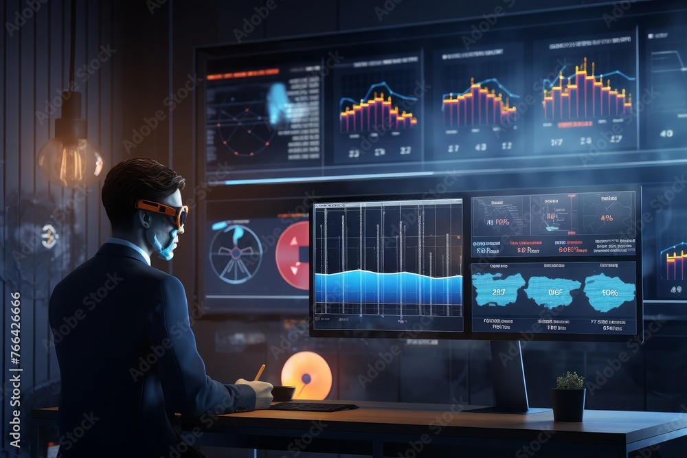 Businessman touch automated data management system to create reports ...