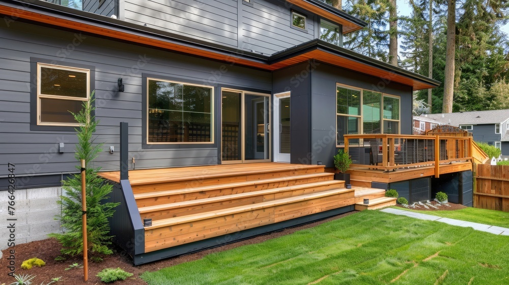 Deck of two storey house with sliding glass door and stairs leading to ...