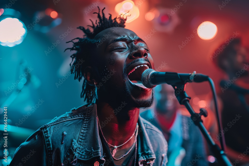 A close-up of a male singer with intense expression performing live on ...