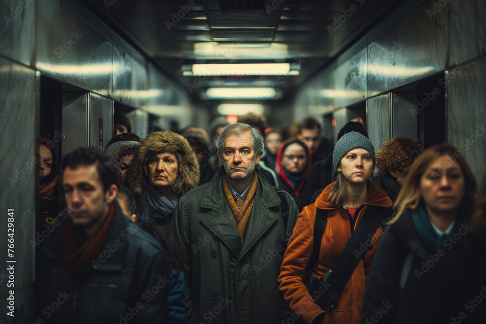 A tightly packed group of individuals captured in a high-contrast black ...