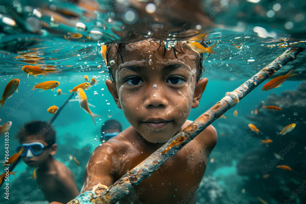 Exuberant children swimming and splashing in a river, with one boy ...