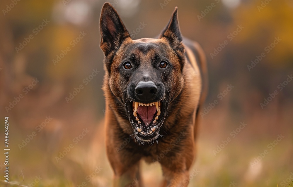 Growling and flashing her teeth, the Belgian Malinois shepherd dog ...