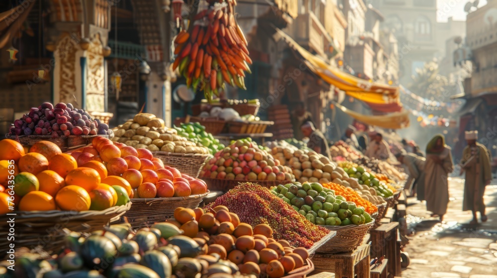 A vibrant street market in a bustling metropolis, where vendors sell ...