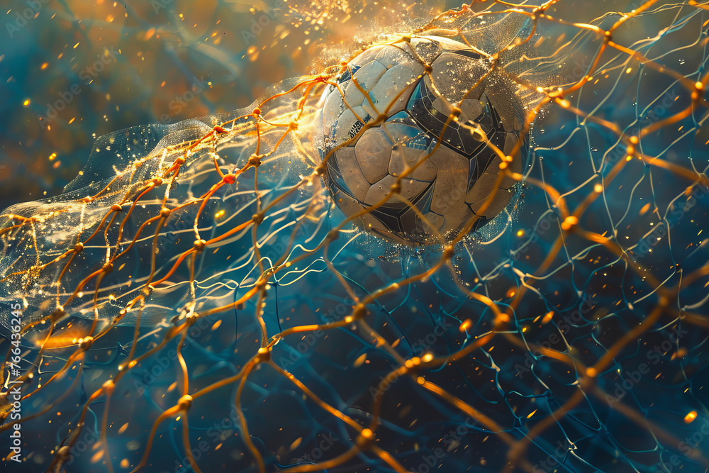 Soccer ball captured in the moment of impact with the net, creating a ...