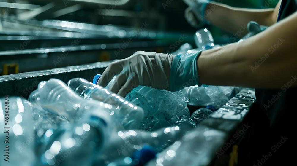 Man hands sorting plastic at a recycling factory, human aspect of ...