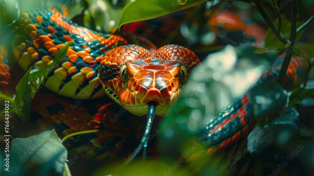 Slithering snakes navigating through dense foliage, their vibrant ...