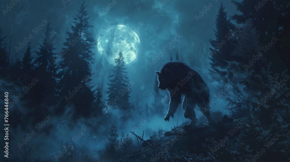 A werewolf transforming in a forest clearing, its silhouette ...