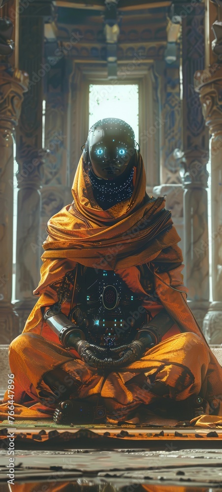 In a high-tech monastery, a 3D cyborg monk sits in a meditation pose ...