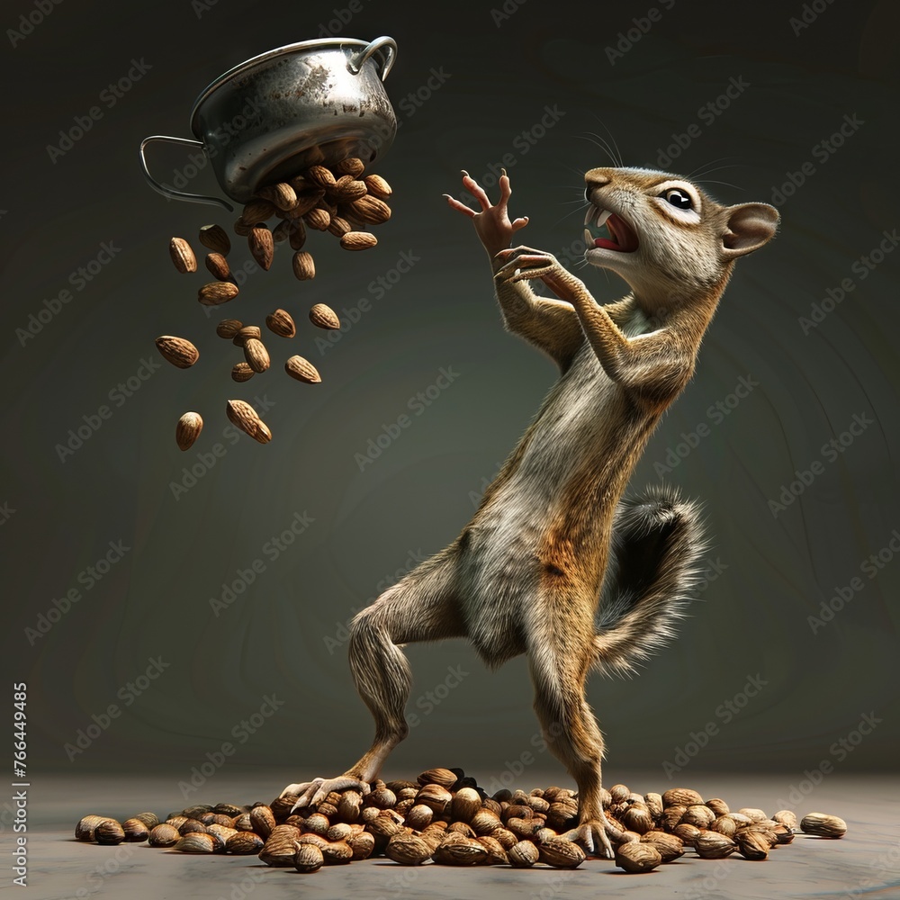 A squirrel sits with a stack of nuts. Concept: wildlife and rodents ...